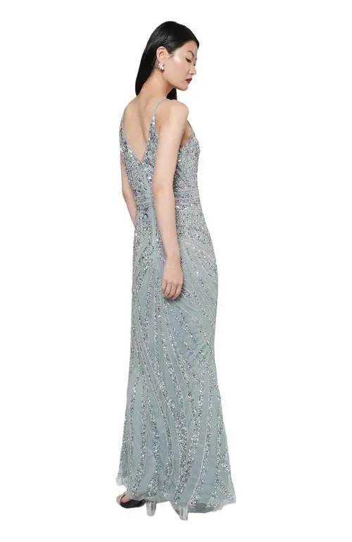 BEAUUT Occasion Embellished Sequin Beaded Strap Evening Dress - Misty Grey