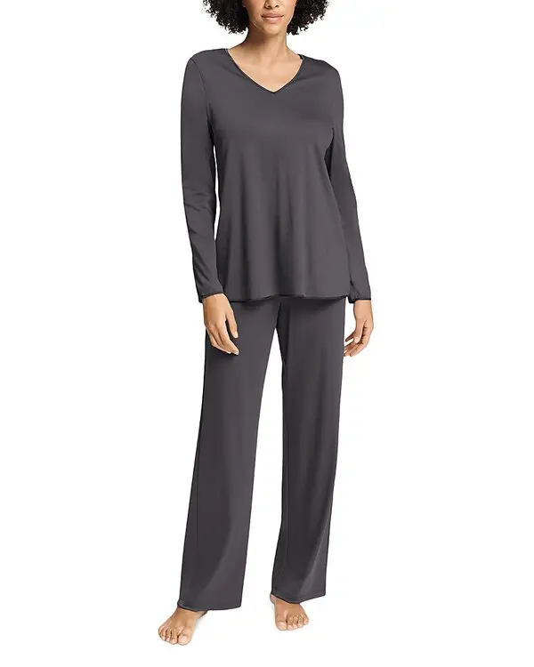 Hanro Cotton Silk V Neck Long Sleeve Pajama Set - Boulevard