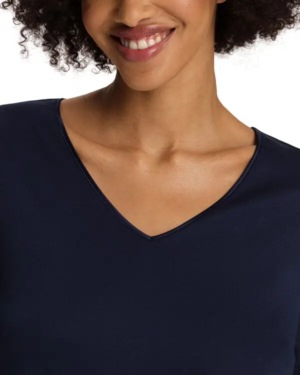 Hanro Cotton Silk V Neck Long Sleeve Pajama Set - Deep Navy