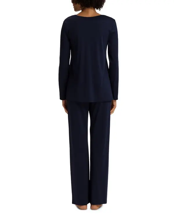 Hanro Cotton Silk V Neck Long Sleeve Pajama Set - Deep Navy