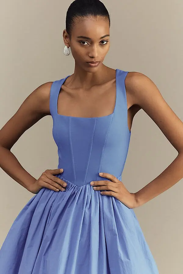 Bhldn Josie Scoop-neck Corset Fit & Flare Maxi Dress - Blue