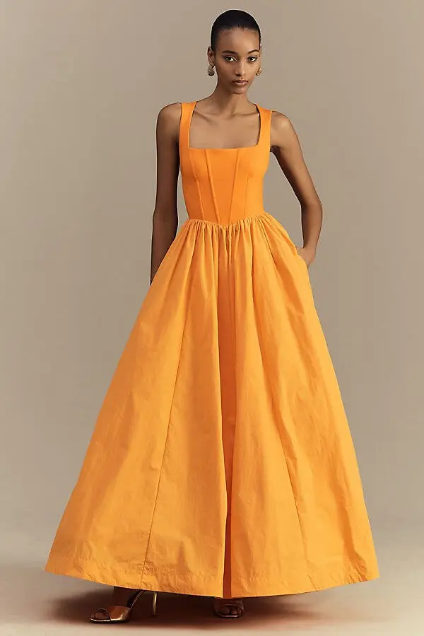 Bhldn Josie Scoop-neck Corset Fit & Flare Maxi Dress - Orange