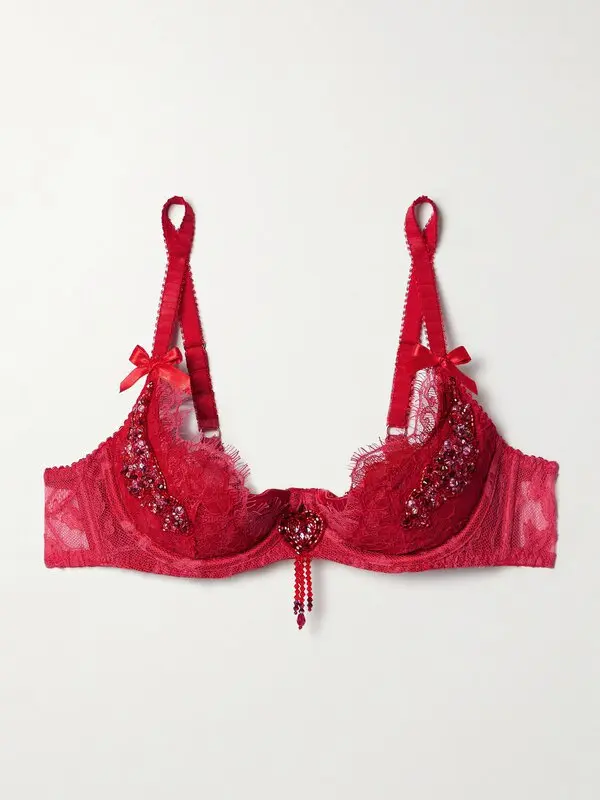 Agent Provocateur Graicelle Embellished Leavers Lace And Stretch-silk Satin Underwired Balconette Bra - Red