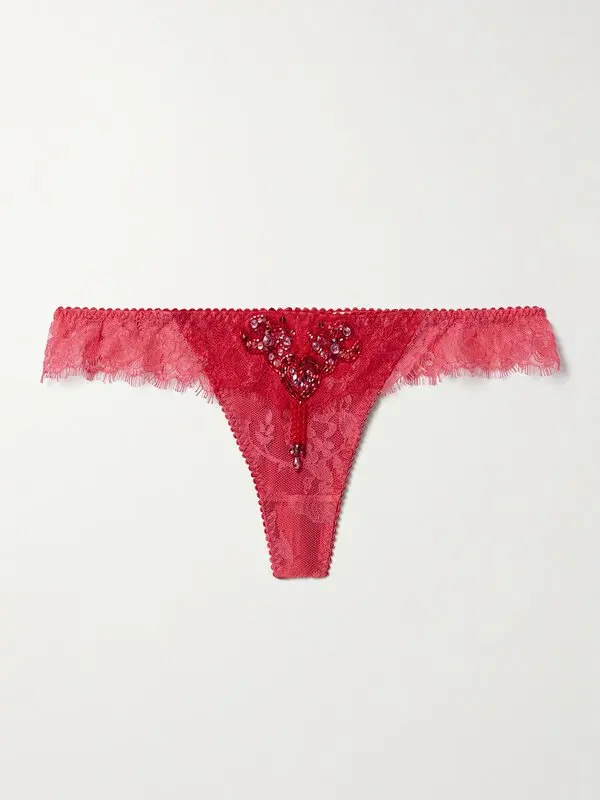 Agent Provocateur Graicelle Embellished Leavers Lace And Stretch-silk Satin Thong - Red