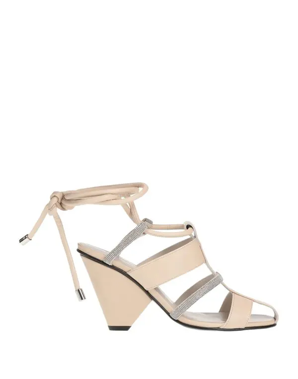 Fabiana Filippi Leather Sandals With Lace-up Ankle Tie And Embellished Straps - Beige