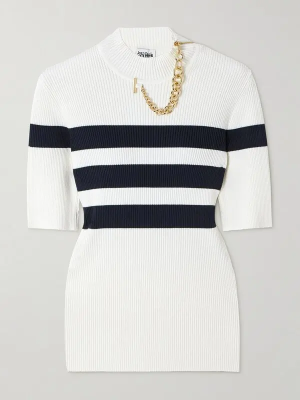 JEAN PAUL GAULTIER Embellished Striped Turtleneck Sweater - White