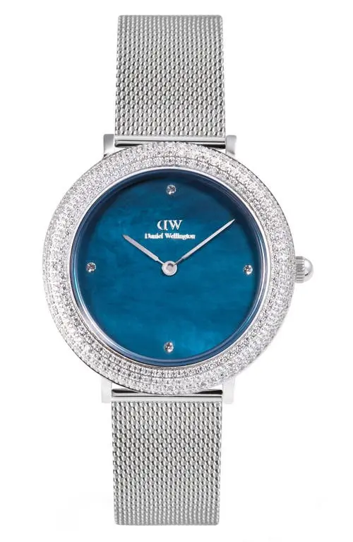 DANIEL WELLINGTON Crystal Bezel Mesh Strap Watch - Silver