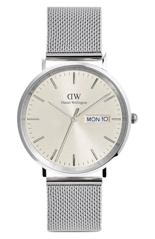 DANIEL WELLINGTON Day Display Sterling Mesh Strap Watch - Silver