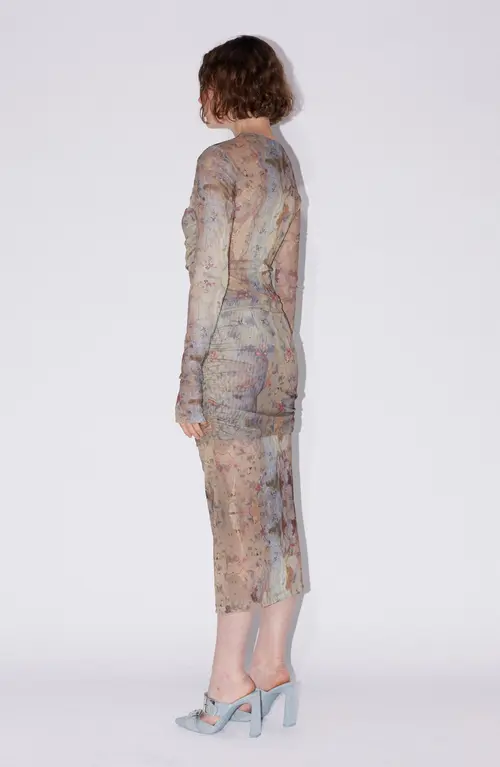 SAEMDI Floral Draped Mesh Dress
