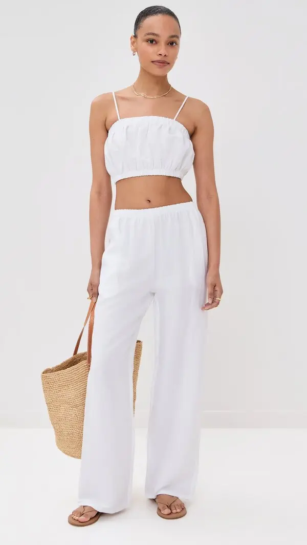 LE BOP Camille Cropped Linen Top - White