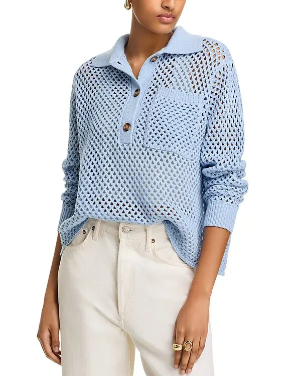 Aqua Open Stitch Crochet Polo Sweater - Sky