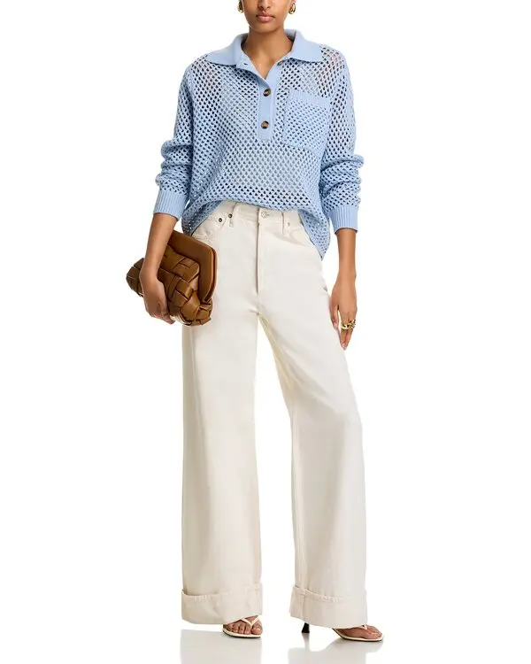 Aqua Open Stitch Crochet Polo Sweater - Sky