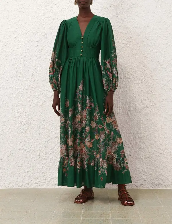 Zimmermann Rhiannon Plunge Maxi Dress - Green,Multi | Editorialist