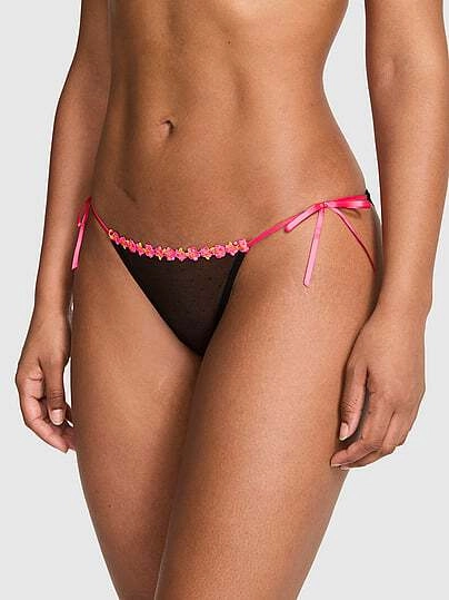 Pink Lace String Bikini Panty - Black
