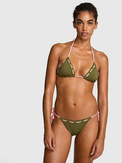 Pink Beaded Fringe Triangle String Bikini Top - Green
