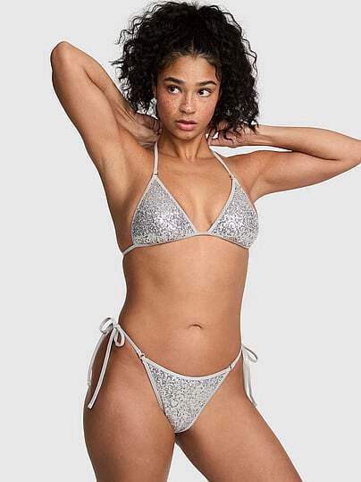 Pink Triangle Bikini Top With Adjustable Ties And Ruched Details - Print