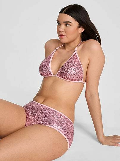 Pink Reversible Sequined Triangle Bikini Top - Print