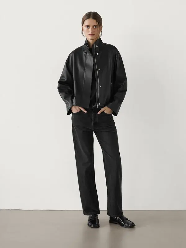 Massimo Dutti Loose-Fitting Nappa Leather Jacket - Black