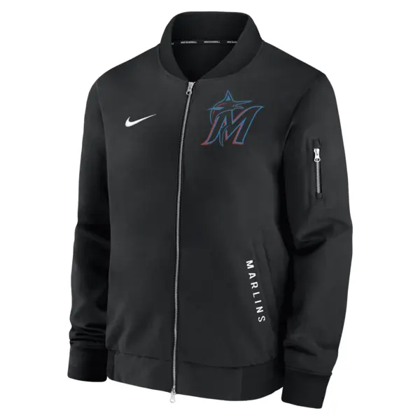 Nike Miami Marlins Authentic Collection Dugout Mlb Full-zip Bomber Jacket - Black