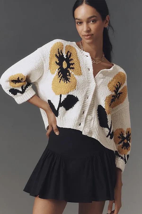 Maeve Elbow-sleeve Cardigan Sweater - Yellow Pattern