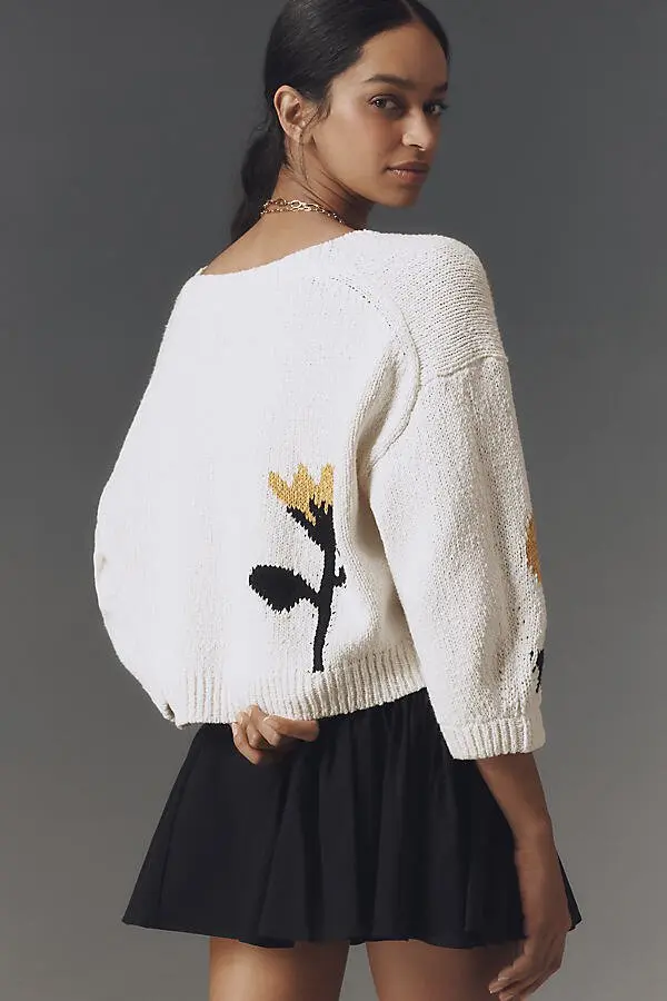 Maeve Elbow-sleeve Floral Cardigan Sweater - Yellow Pattern