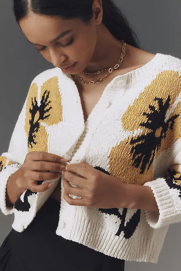 Maeve Elbow-sleeve Floral Cardigan Sweater - Yellow Pattern