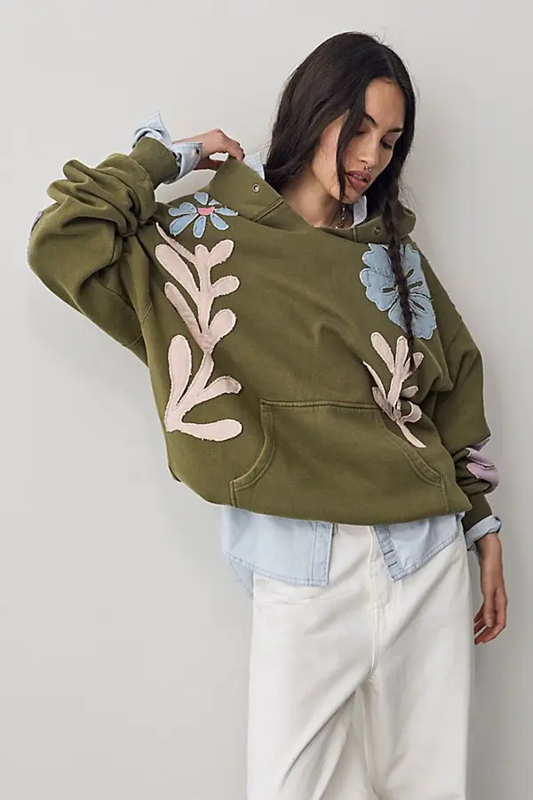 Free People Floral Hoodie - Olive Combo