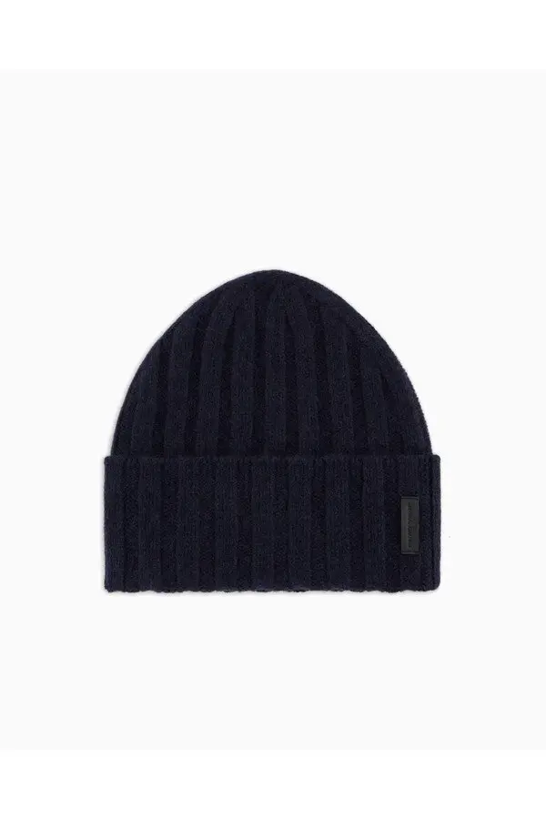 Emporio Armani Pure Cashmere Ribbed Beanie - Navy