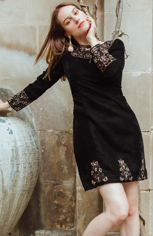 RAAS Arial Velvet Mini Dress Embroidered