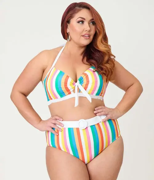 Unique Vintage High Waisted Redondo Bikini Bottom - Blue Rainbow Stripe