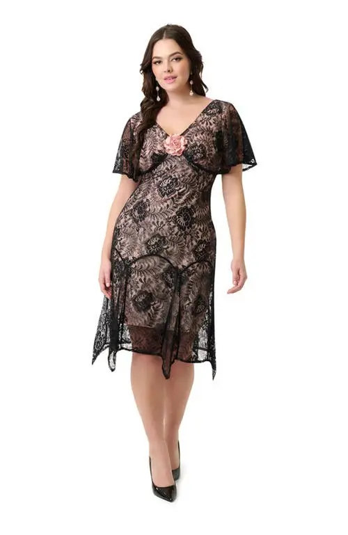 Unique Vintage 1920s Lace Flapper Dress - Black & Peach | Editorialist