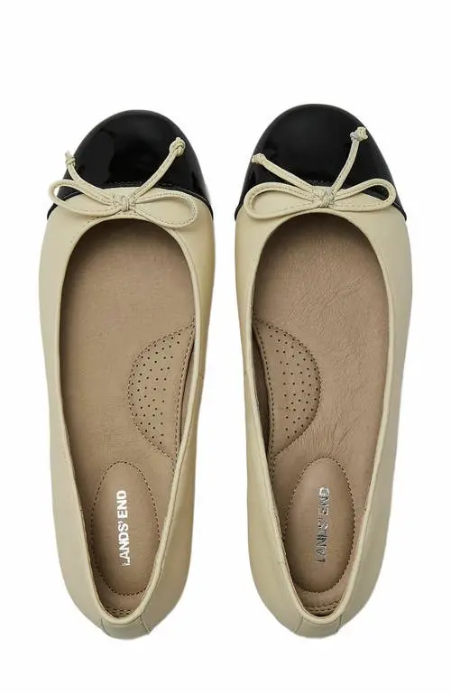 LANDS' END Leather Cap Toe Ballet Flats - Ivory/black