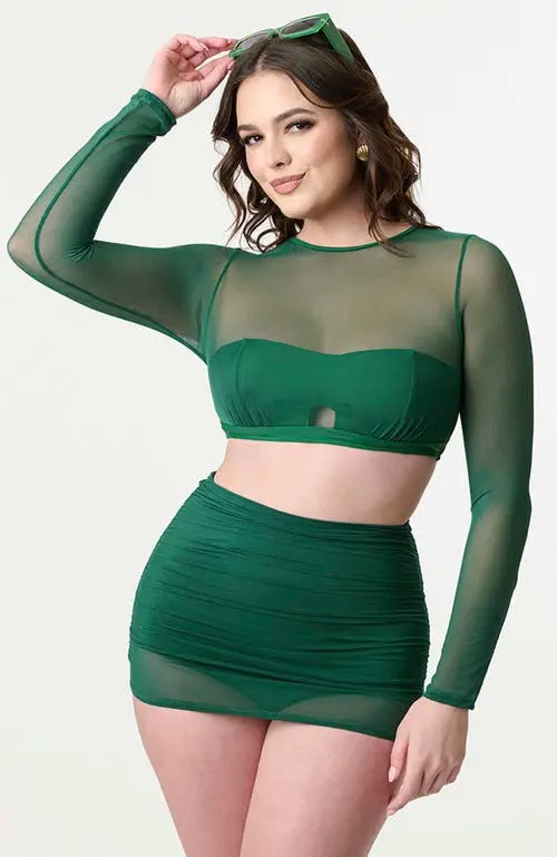 Unique Vintage Shirred Skirt Swim Bottom - Green