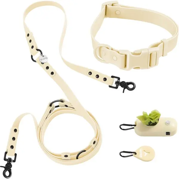 THE LICKER STORE Luna Adjustable 6-in-1 Waterproof Hands-free Leash And Collar With Led Flashlight, Bag Dispenser - Almond