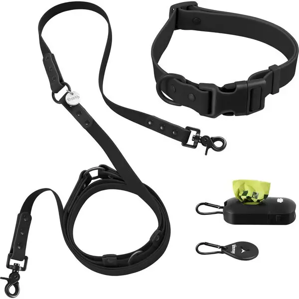 THE LICKER STORE Luna 8ft Adjustable 6-in-1 Waterproof Hands-free Leash And Collar With Led Flashlight, Bag Dispenser - Black