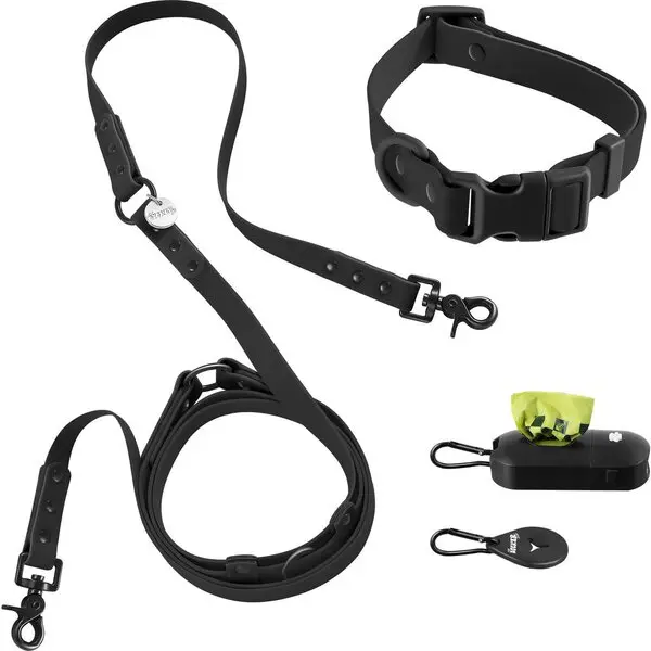 THE LICKER STORE Luna Adjustable 6-in-1 Waterproof Hands-free Leash And Collar With Led Flashlight, Bag Dispenser - Black
