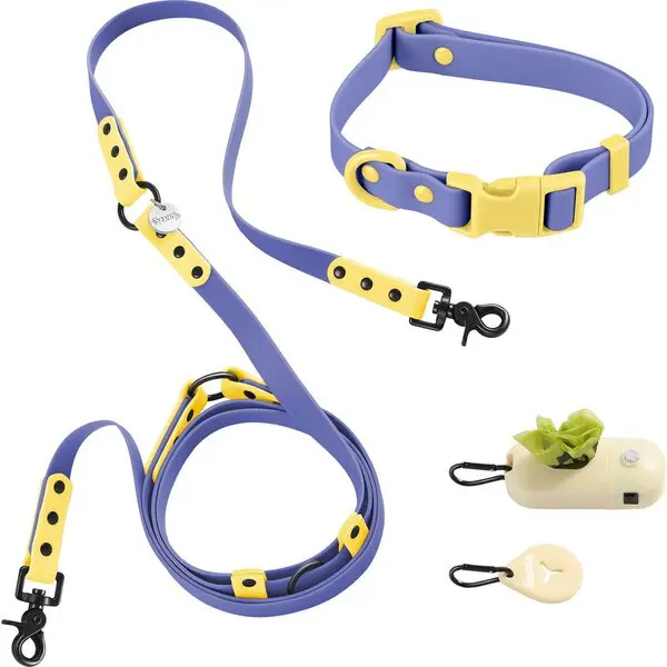 THE LICKER STORE Luna 8ft Adjustable 6-in-1 Waterproof Hands-free Leash And Collar With Led Flashlight, Bag Dispenser - Dark Blue/yellow