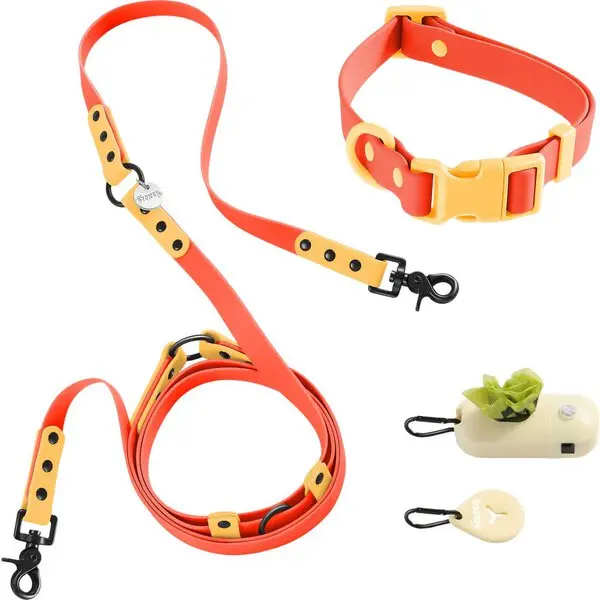 THE LICKER STORE Luna 8ft Adjustable 6-in-1 Waterproof Hands-free Leash And Collar With Led Flashlight, Bag Dispenser - Dark Orange/light Orange