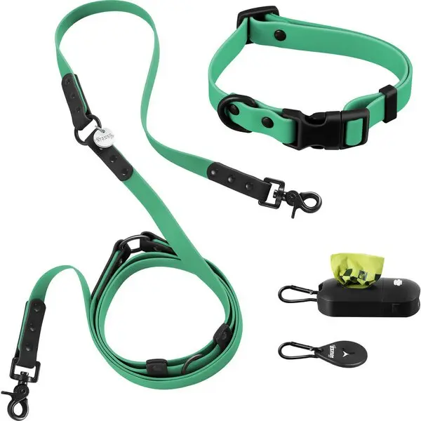 THE LICKER STORE Luna 8ft Adjustable 6-in-1 Waterproof Hands-free Leash And Collar With Led Flashlight, Bag Dispenser - Emerald/black