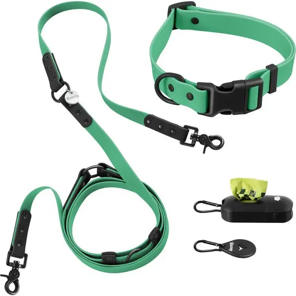 THE LICKER STORE Luna Adjustable 6-in-1 Waterproof Hands-free Leash And Collar With Led Flashlight, Bag Dispenser - Emerald/black