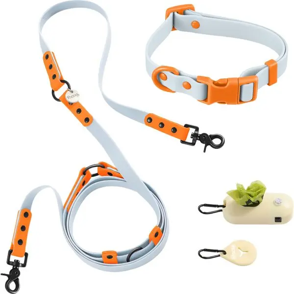 THE LICKER STORE Luna 8ft Adjustable 6-in-1 Waterproof Hands-free Leash And Collar With Led Flashlight, Bag Dispenser - Light Blue/orange
