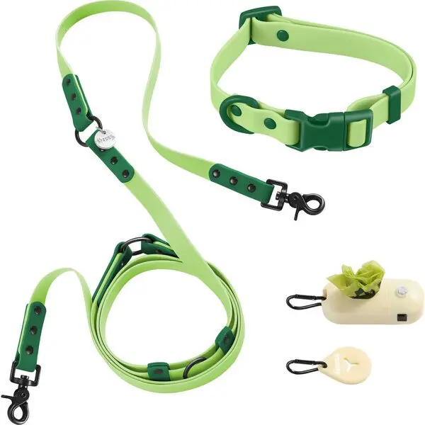 THE LICKER STORE Luna 8ft Adjustable 6-in-1 Waterproof Hands-free Leash And Collar With Led Flashlight, Bag Dispenser - Light Green/dark Green