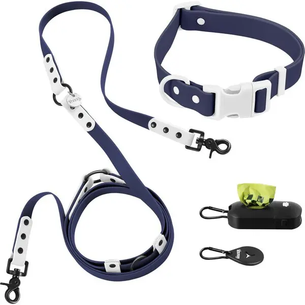 THE LICKER STORE Luna 8ft Adjustable 6-in-1 Waterproof Hands-free Leash And Collar With Led Flashlight, Bag Dispenser - Navy/white