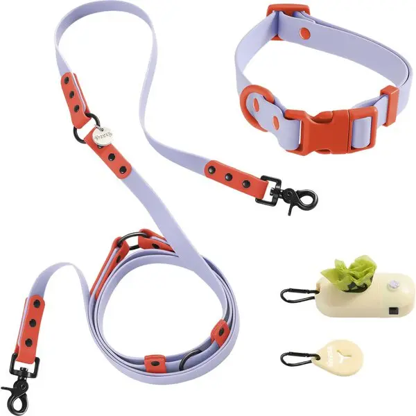 THE LICKER STORE Luna 8ft Adjustable 6-in-1 Waterproof Hands-free Leash And Collar With Led Flashlight, Bag Dispenser - Periwinkle/red