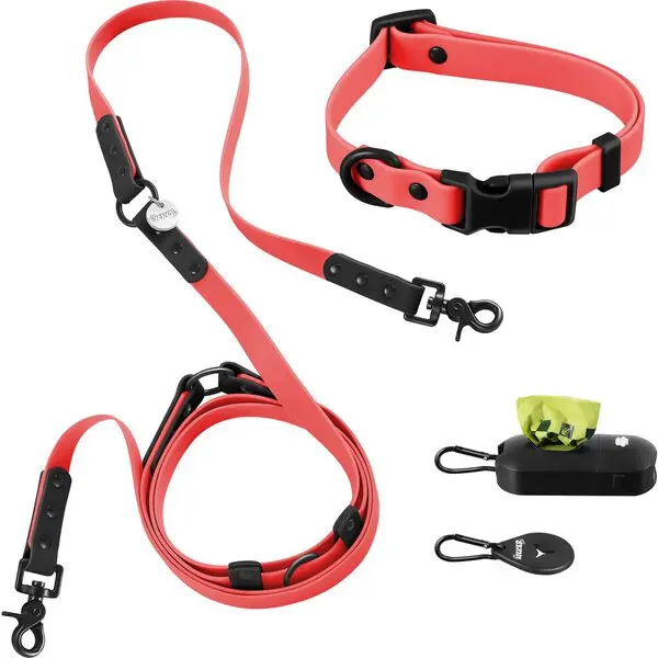 THE LICKER STORE Luna 8ft Adjustable 6-in-1 Waterproof Hands-free Leash And Collar With Led Flashlight, Bag Dispenser - Red/black
