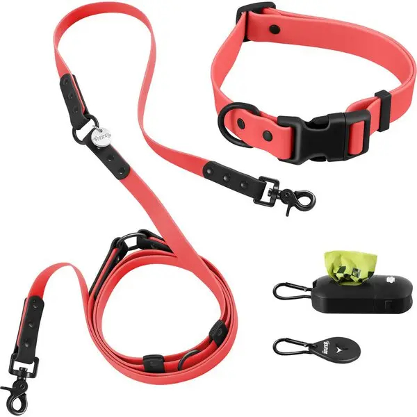 THE LICKER STORE Luna Adjustable 6-in-1 Waterproof Hands-free Leash And Collar With Led Flashlight, Bag Dispenser - Red/black