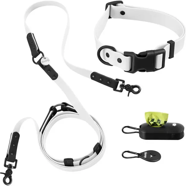THE LICKER STORE Luna 8ft Adjustable 6-in-1 Waterproof Hands-free Leash And Collar With Led Flashlight, Bag Dispenser - White/black