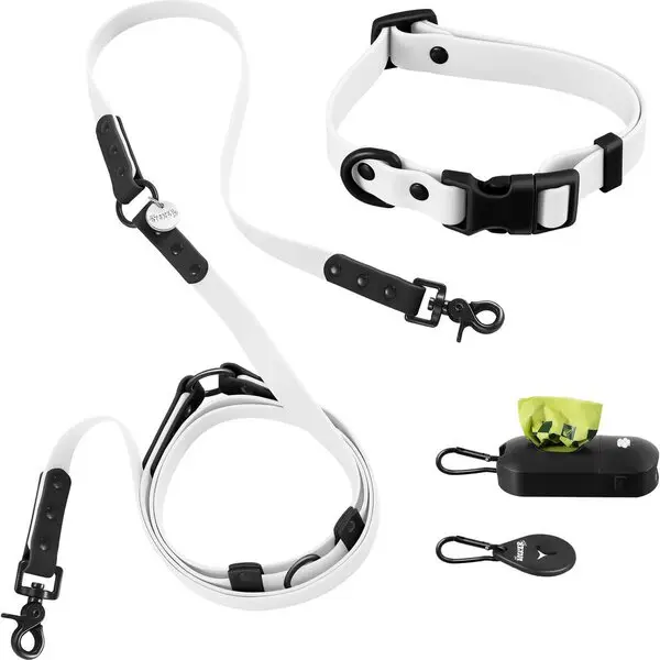 THE LICKER STORE Luna Adjustable 6-in-1 Waterproof Hands-free Leash And Collar With Led Flashlight, Bag Dispenser - White/black