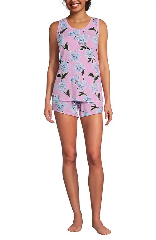 LANDS' END Cooling 3 Piece Pajama Setrobe Tank And Shorts - Lilac Breeze Etched Floral