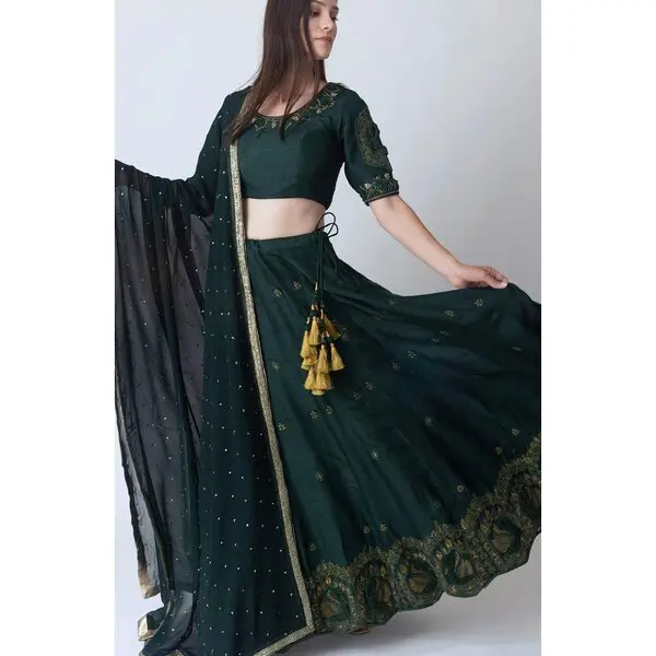 RAAS Sayona Raw Silk Embroidered Lehenga Choli Set - Green